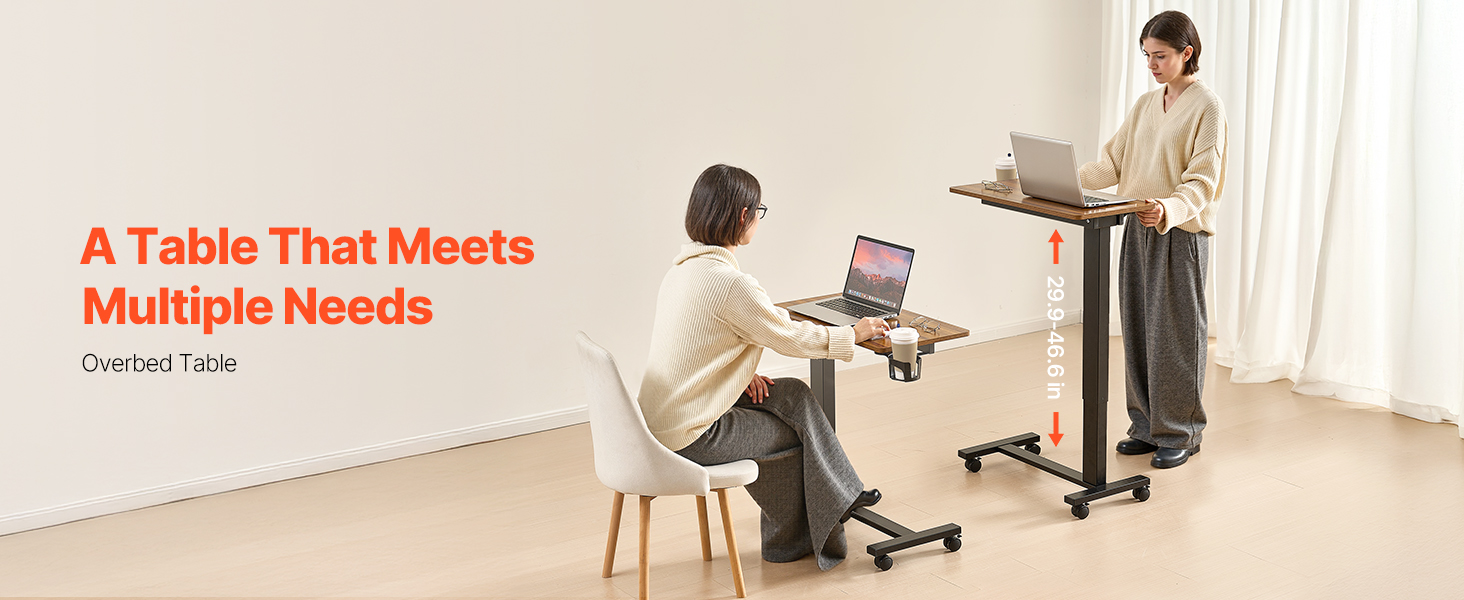 VEVOR Overbed Table, Mobile Bed Side Table with 4 Wheels, Electric ...