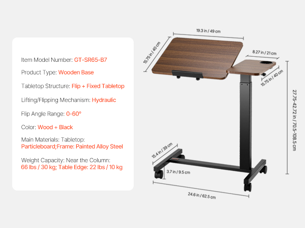 VEVOR Overbed Table, Mobile Bed Side Table with Flip Desktop and 4 ...