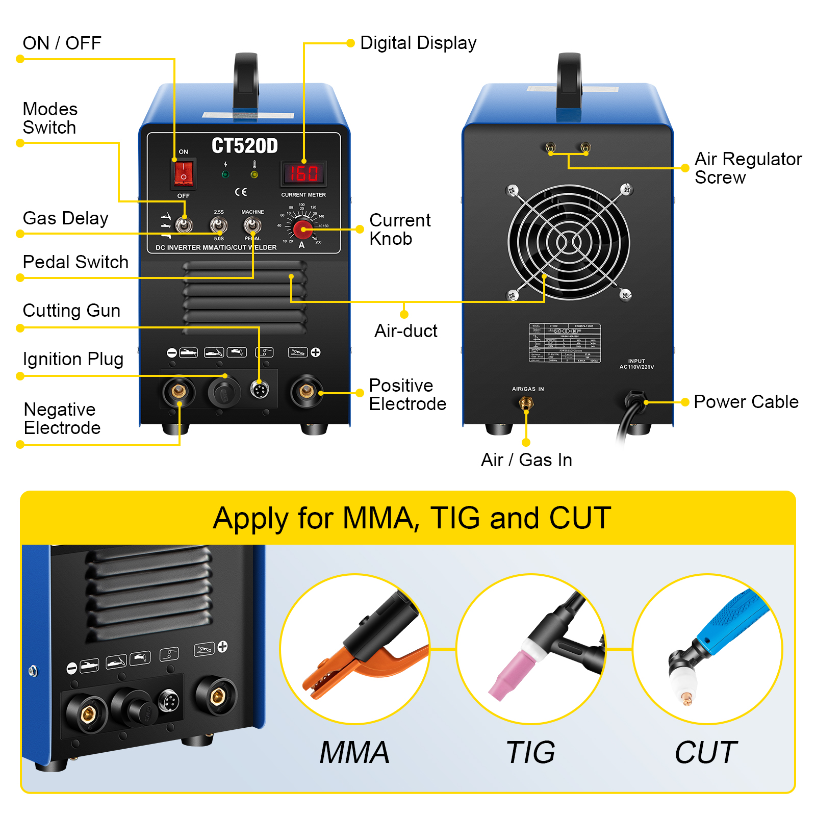 CT520D Plasma Cutter/TIG/Stick 3-in-1 Combo Welder 50A/200A 110/220V ...