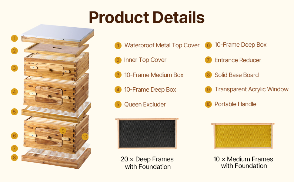 VEVOR Bee Hive 30 Frame Bee Hives Starter Kit, Beeswax Coated Fir Wood ...