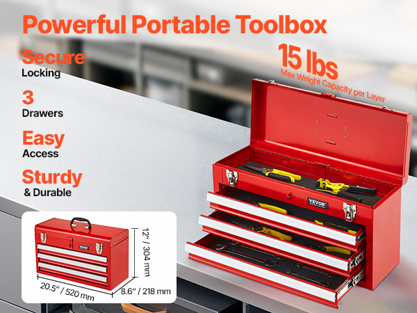 VEVOR Tool Box 20.5-inch Portable Metal Tool Box 3 Drawers Tool ...
