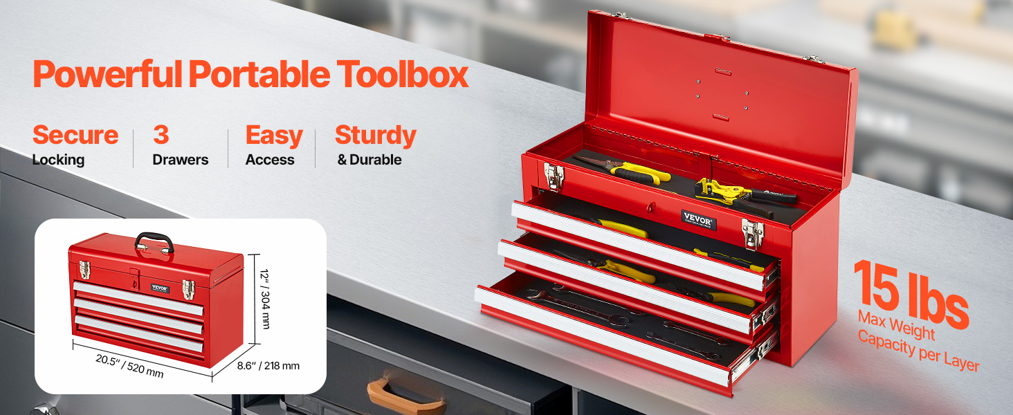 Tool Box 20.5-inch Portable Metal Tool Box with 3 Drawers Tool ...