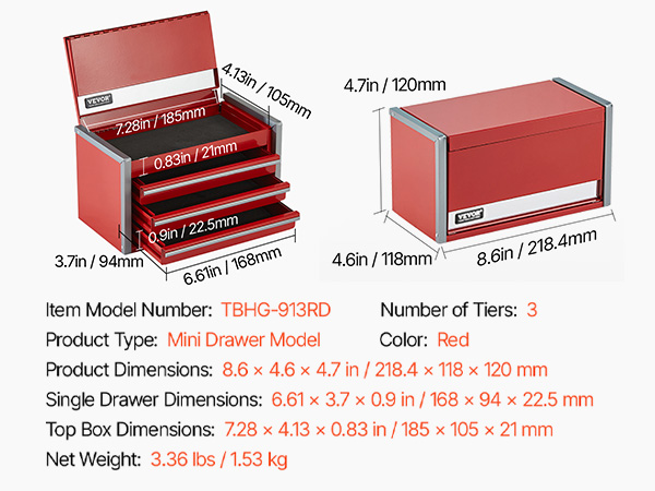 VEVOR Tool Box 8.6-inch Portable Metal Tool Box 3 Drawers Tool ...