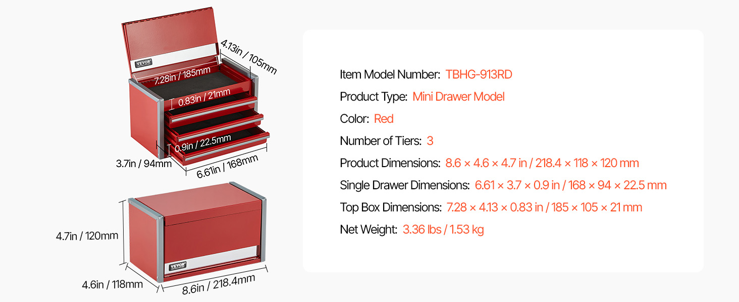 Tool Box 8.6-inch Portable Metal Tool Box 3 Drawers Tool Organizer Red ...