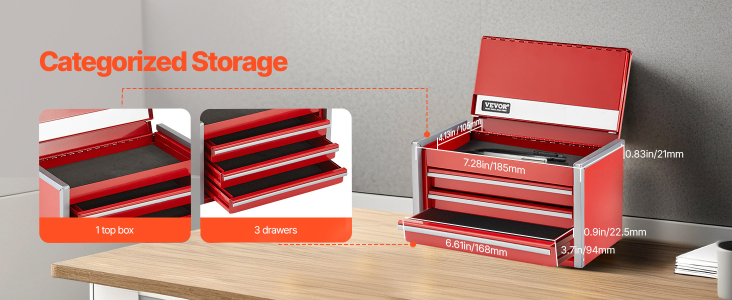 Tool Box 8.6-inch Portable Metal Tool Box 3 Drawers Tool Organizer Red ...