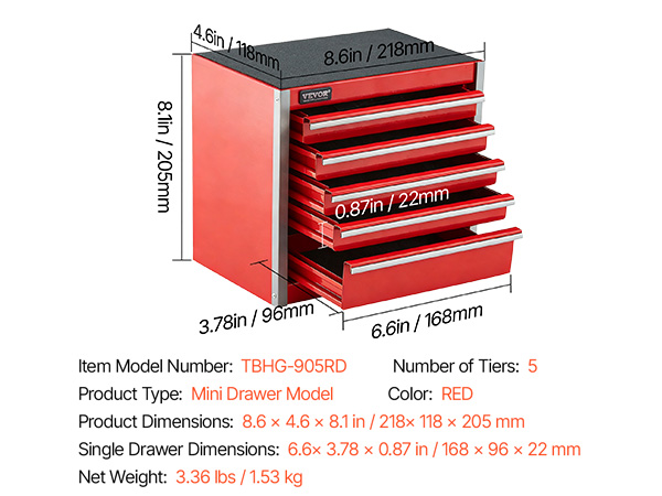 Tool Box 8.6-inch Portable Metal Tool Box with 5 Drawers Tool Organizer ...