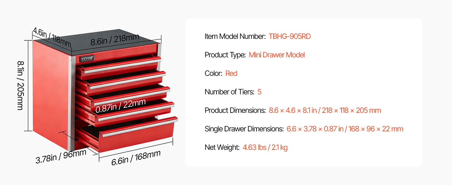Tool Box 8.6-inch Portable Metal Tool Box with 5 Drawers Tool Organizer ...