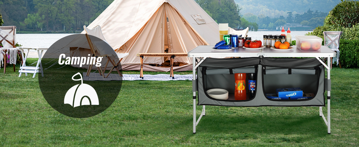 VEVOR Camping Kitchen Table, Quick set-up Folding Camping Table, 3 ...
