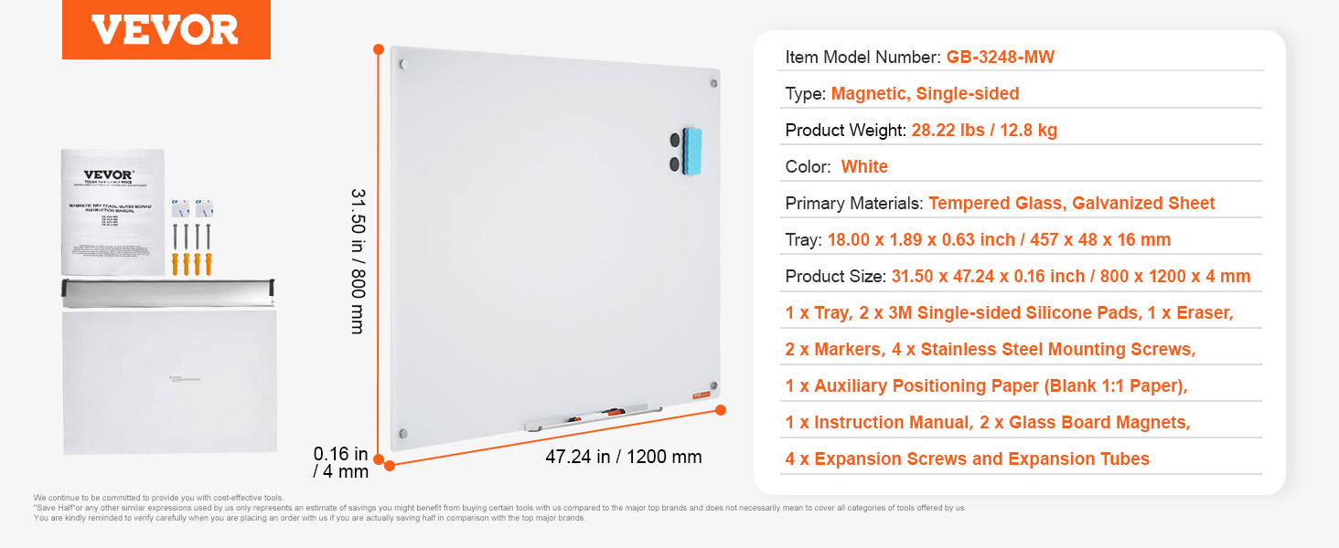 VEVOR Magnetic Glass Whiteboard, Dry Erase Board 48"x32", Wall-Mounted ...
