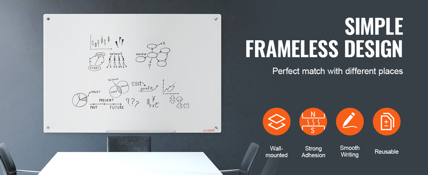 VEVOR Magnetic Glass Whiteboard, Dry Erase Board 48"x32", Wall-Mounted ...