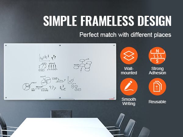 VEVOR Magnetic Glass Whiteboard, Dry Erase Board 72"x36", Wall-Mounted ...