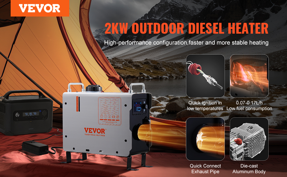 VEVOR Diesel Air Heater 12V/24V 2KW Bluetooth APP Remote Control for ...