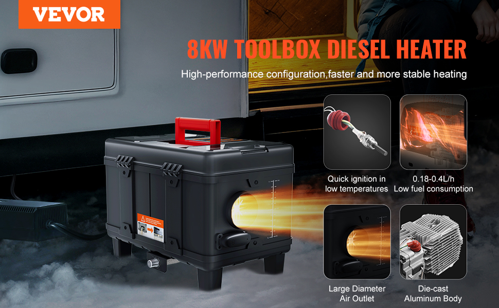 VEVOR Diesel Air Heater 12V/24V 8KW Bluetooth APP Remote Control for ...