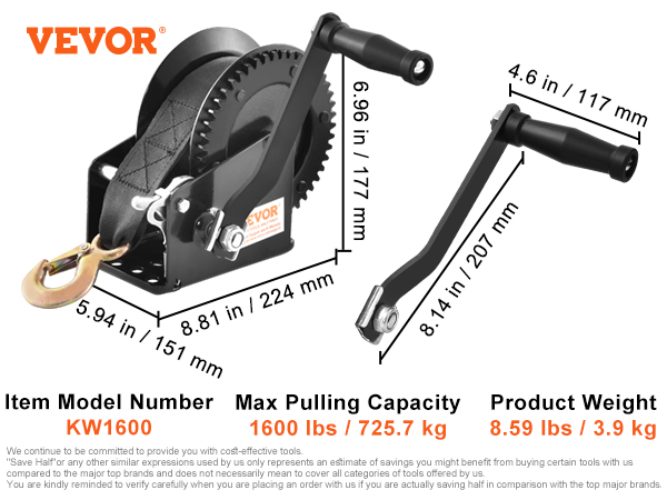 VEVOR Hand Winch, 1600 lbs Pulling Capacity, Boat Trailer Winch Heavy ...