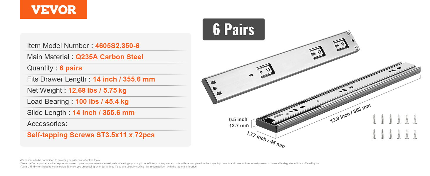 VEVOR 6 Pairs of 14 Inch Drawer Slides Side Mount Rails, Heavy Duty ...