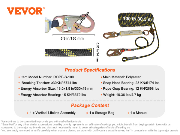 VEVOR Vertical Lifeline Assembly, 0.55'' x 100' Fall Protection Rope ...