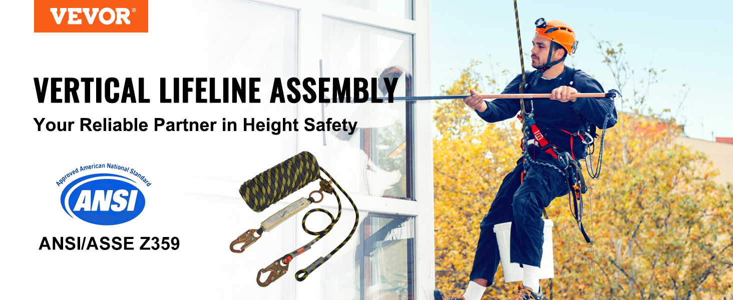 VEVOR Vertical Lifeline Assembly, 0.55'' x 100' Fall Protection Rope ...