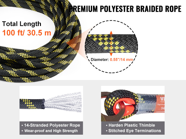 VEVOR Vertical Lifeline Assembly, 0.55'' x 100' Fall Protection Rope ...