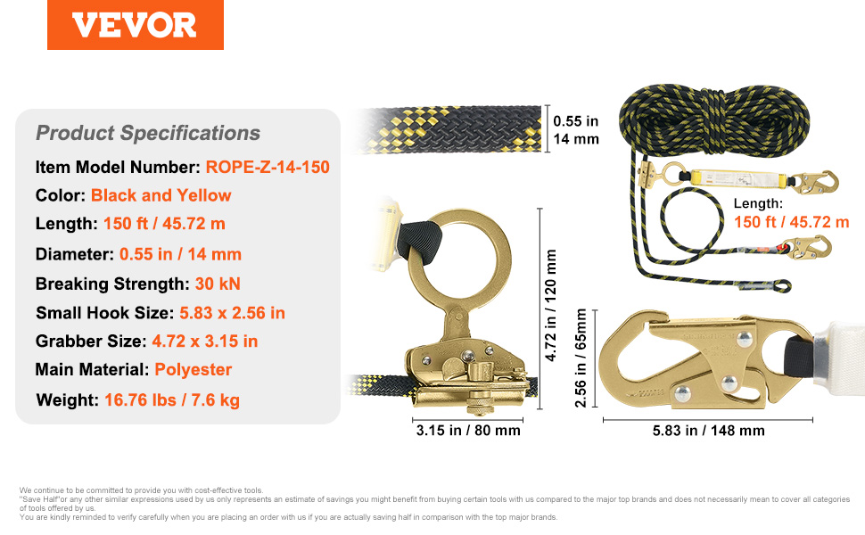 VEVOR Vertical Lifeline 150ft (45.7m) Outdoor Climbing Rope Black ...