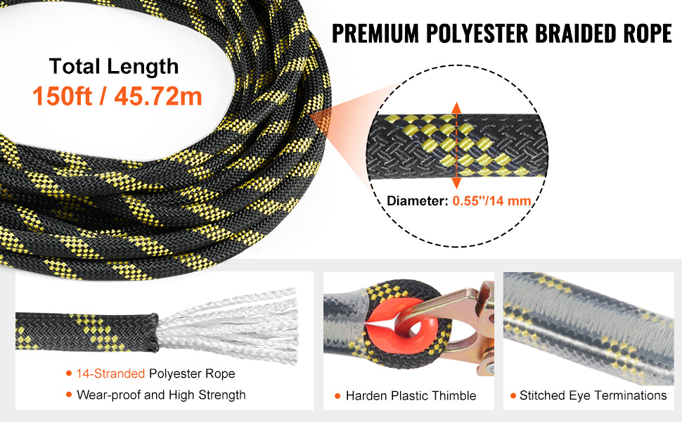 VEVOR Vertical Lifeline 150ft (45.7m) Outdoor Climbing Rope Black ...