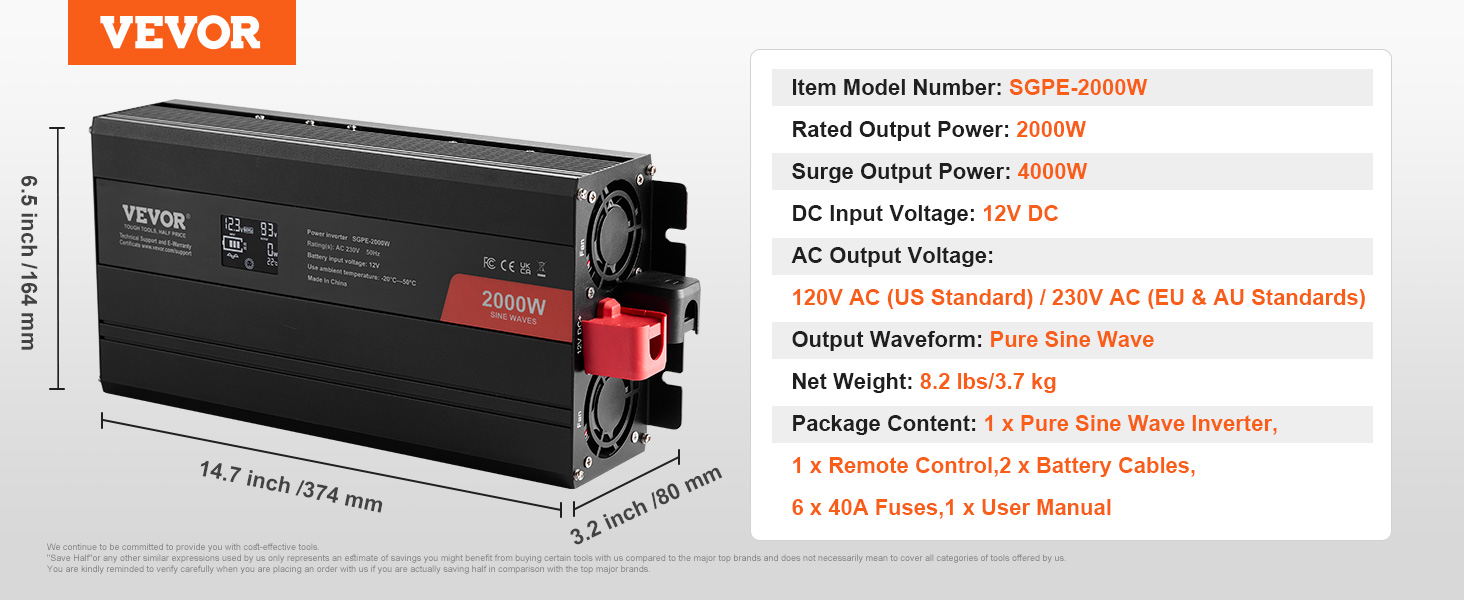 VEVOR zuivere sinusomvormer 2000W DC 12V AC 230V spanningsomvormer met ...