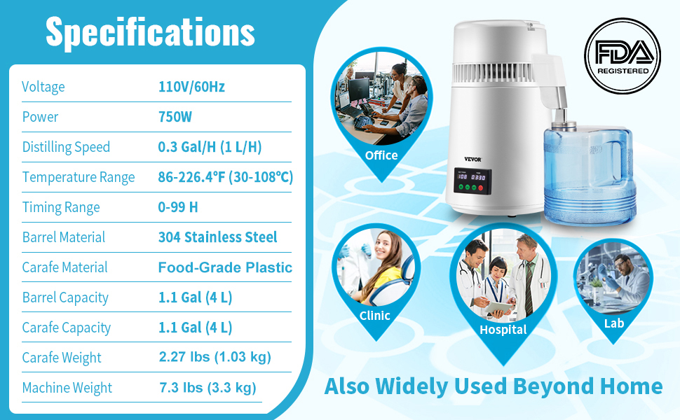 VEVOR 1.1Gal Water Distiller, 0.3Gal/H, 750W Distilled Water Maker ...