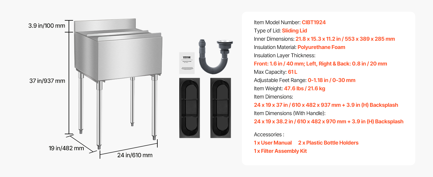 VEVOR Commercial Ice Bin 61 L Underbar Ice Bin with Sliding Lid Bottle ...
