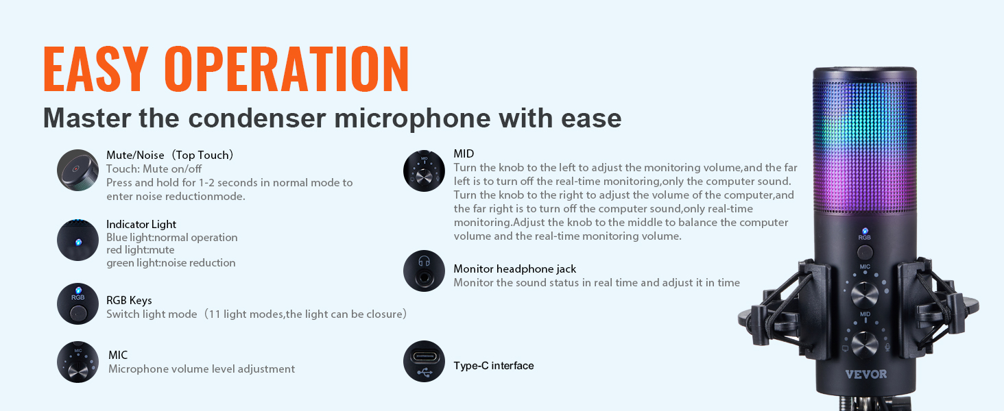 VEVOR USB Microphone, 192 kHz/24-bit, Professional Condenser Microphone ...
