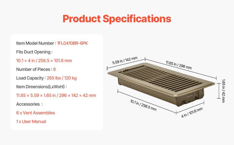 Floor Registers 4 x 10 Inch 6-Pack Iron Floor Vents for HVAC Vent ...