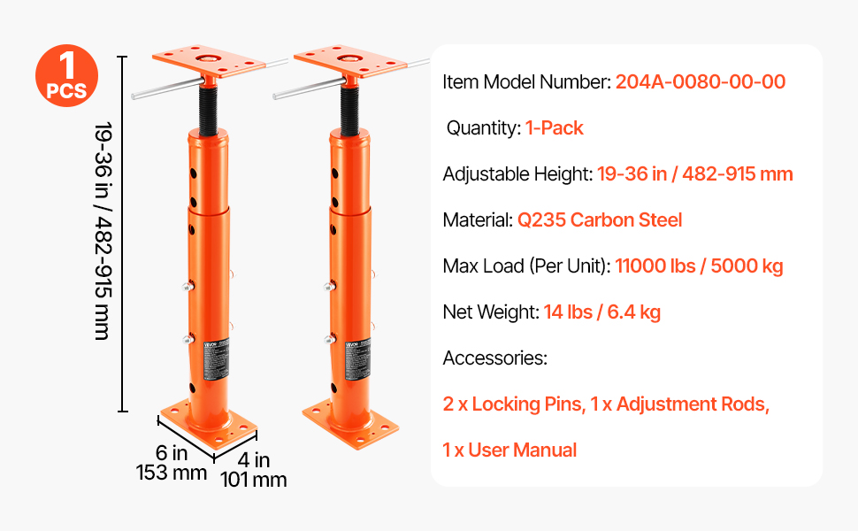 VEVOR Adjustable Floor Jack Post House Floor Leveling Lift 19"-36 ...