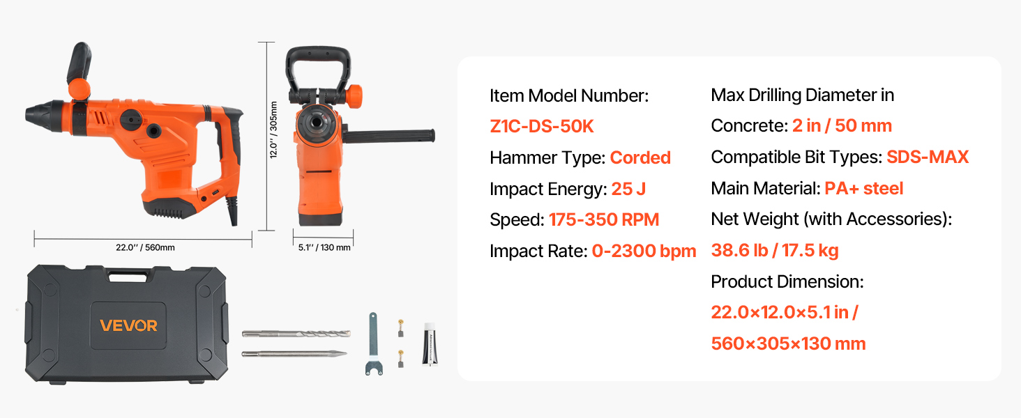 SDS-Max 2-Inch Corded Rotary Hammer Drill Kit 1600W 175-350RPM 3 ...