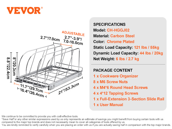 VEVOR Pan and Pot Rack, Expandable Pull Out Under Cabinet Organizer ...