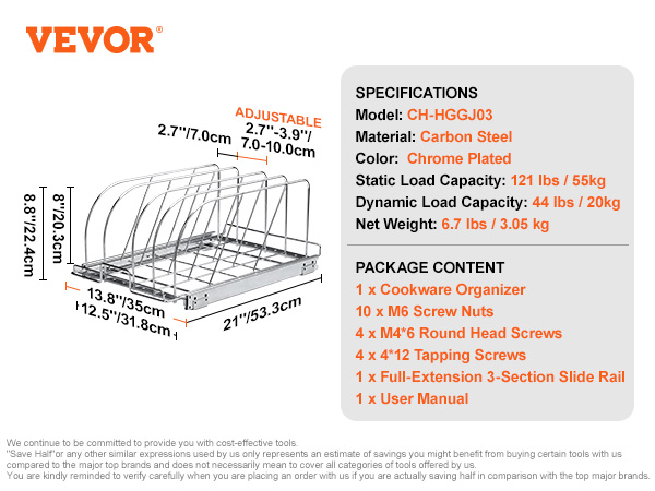 VEVOR Pan and Pot Rack, Expandable Pull Out Under Cabinet Organizer ...