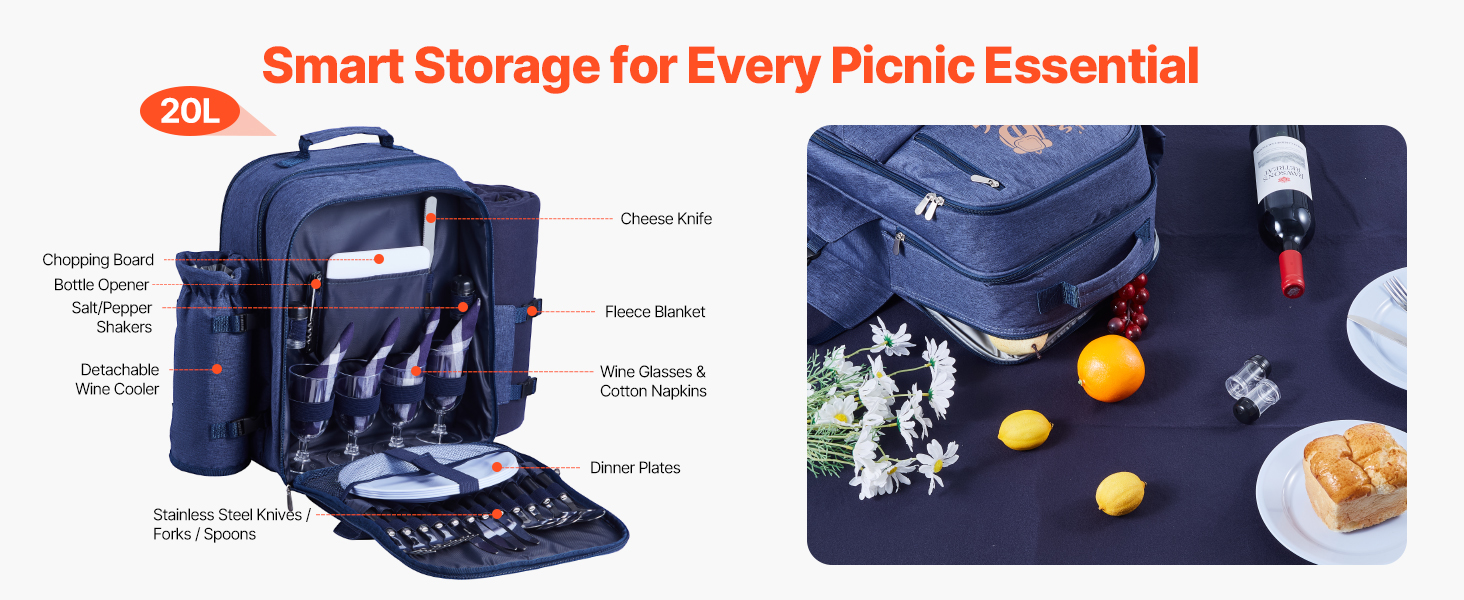 VEVOR Beach Picnic Backpack Bag for 4 Person with Cooler Compartment ...