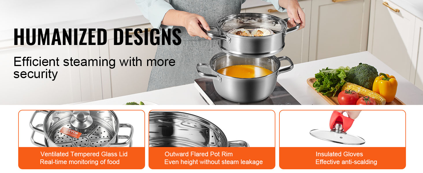 VEVOR Steamer Pot, 8.66in/22cm Steamer Pot for Cooking with 3QT Stock ...