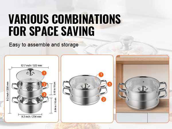 VEVOR Steamer Pot, 8.66in/22cm Steamer Pot for Cooking with 3QT Stock ...