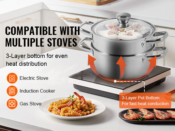 VEVOR Steamer Pot, 9.5in/24cm Steamer Pot for Cooking with 5QT Stock ...