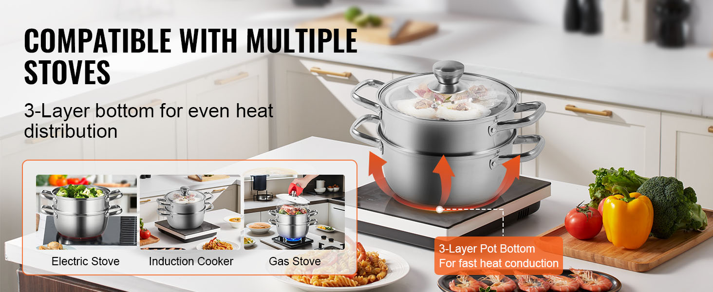 VEVOR Steamer Pot, 9.5in/24cm Steamer Pot for Cooking with 5QT Stock ...