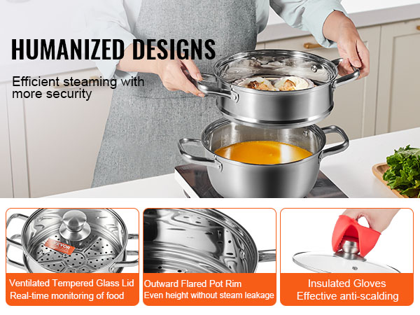 VEVOR Steamer Pot, 9.5in/24cm Steamer Pot for Cooking with 5QT Stock ...