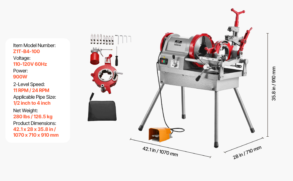 Electric Pipe Threader Machine 900W 2-Speed Threading Cutter for 1/2 ...