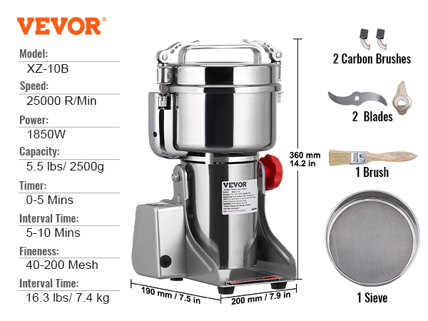 VEVOR 2500g Electric Grain Mill Grinder, 3750W High-Speed Commercial ...