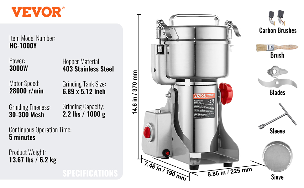 VEVOR 1000g Commercial Spice Grinder Electric Grain Mill Grinder High ...