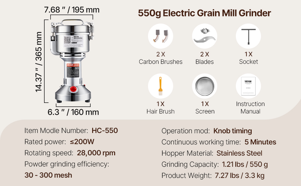 VEVOR 550g Commercial Spice Grinder Electric Grain Mill Grinder High ...