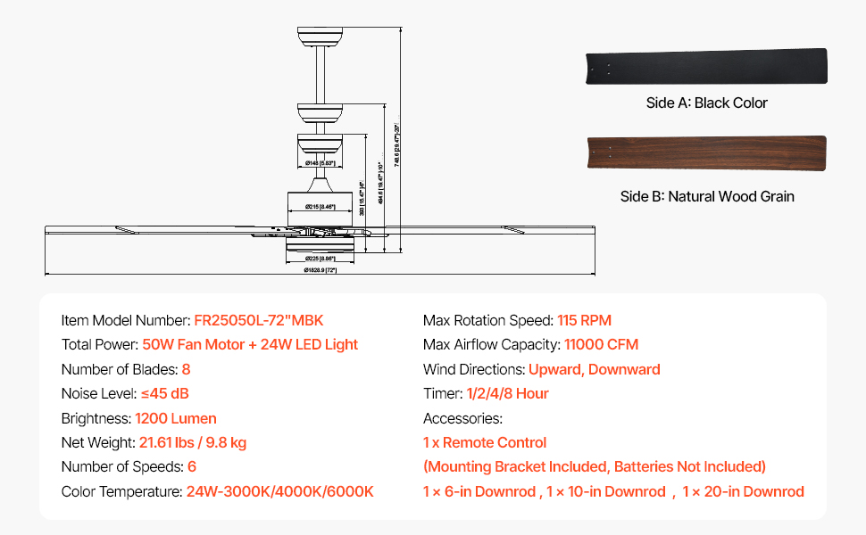 VEVOR 72 Inch Ceiling Fan with Light, 6-Speed Remote Control, Dimmable ...