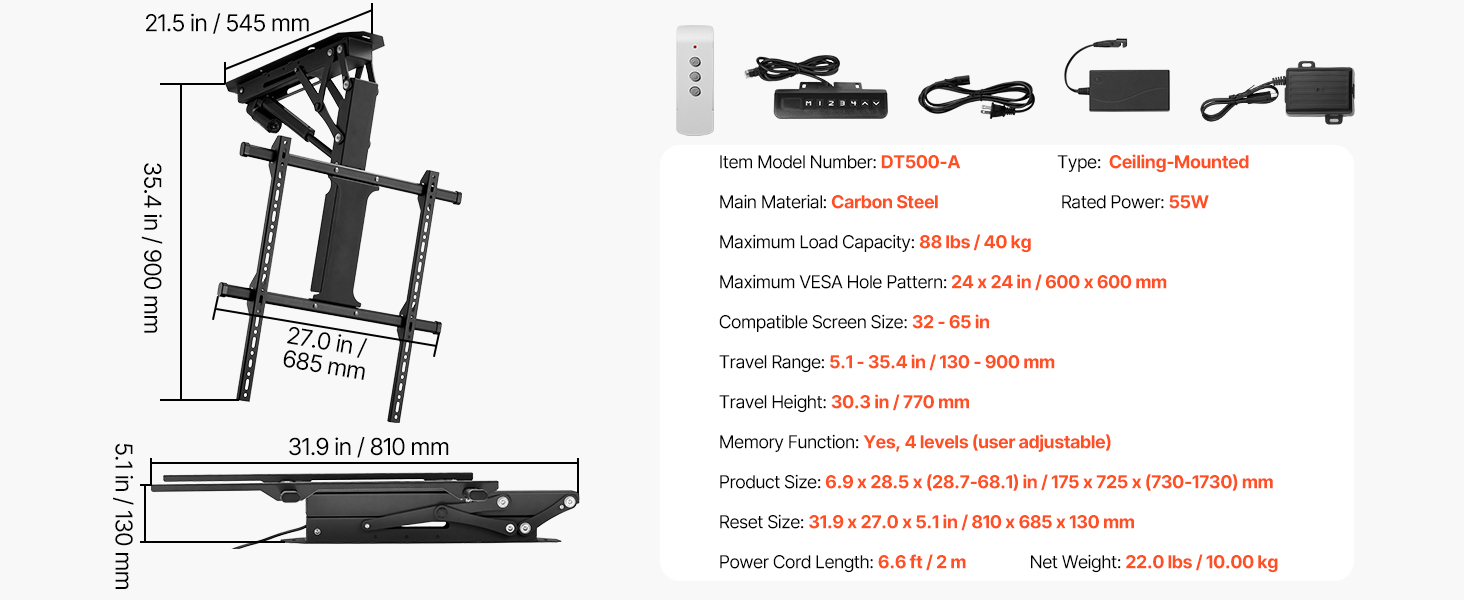 VEVOR Motorized Ceiling TV Mount, TV Wall Mount for 32 to 65 Inch TV ...