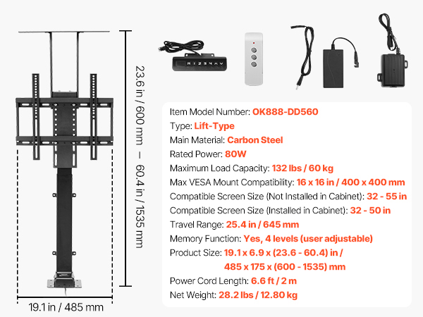 VEVOR Motorized TV Lift Stand, 132 lbs max Load Adjustable TV Lift ...
