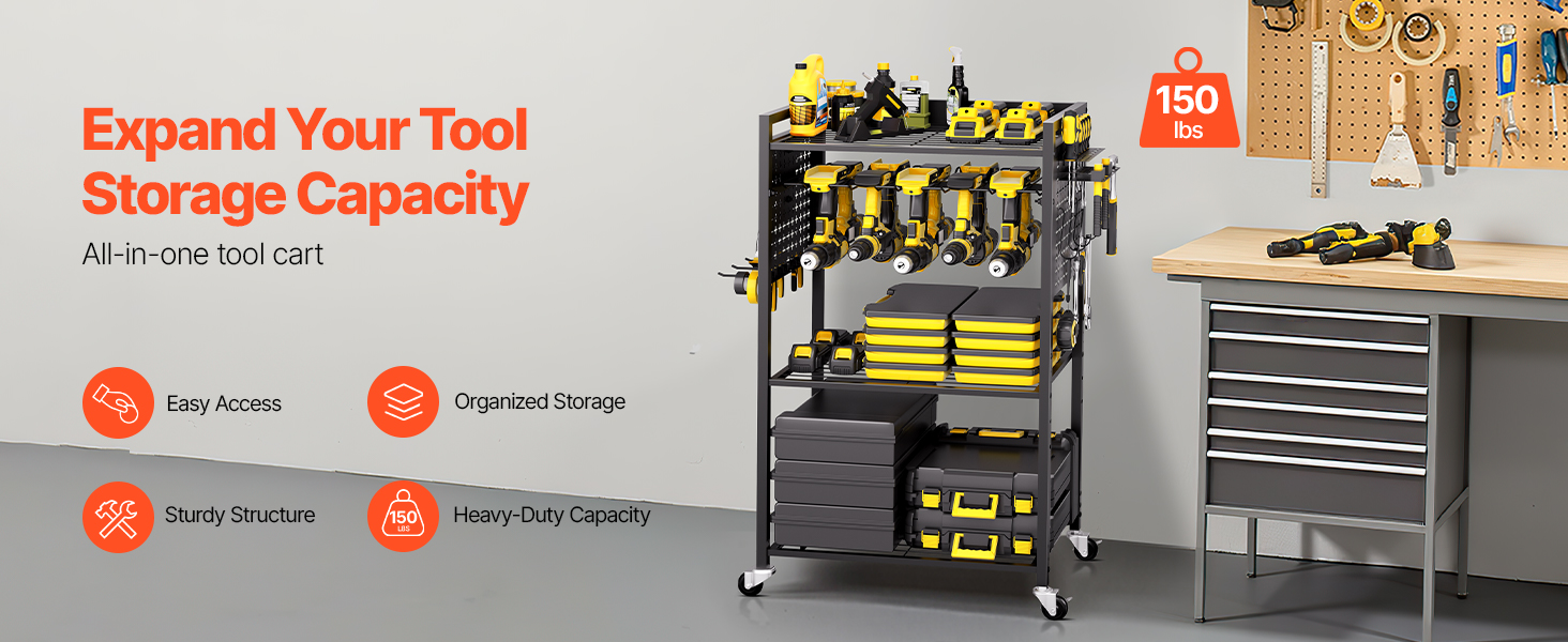 VEVOR 4-tier Tool Organizer Cart on Wheels 150 lbs Garage Cart for ...