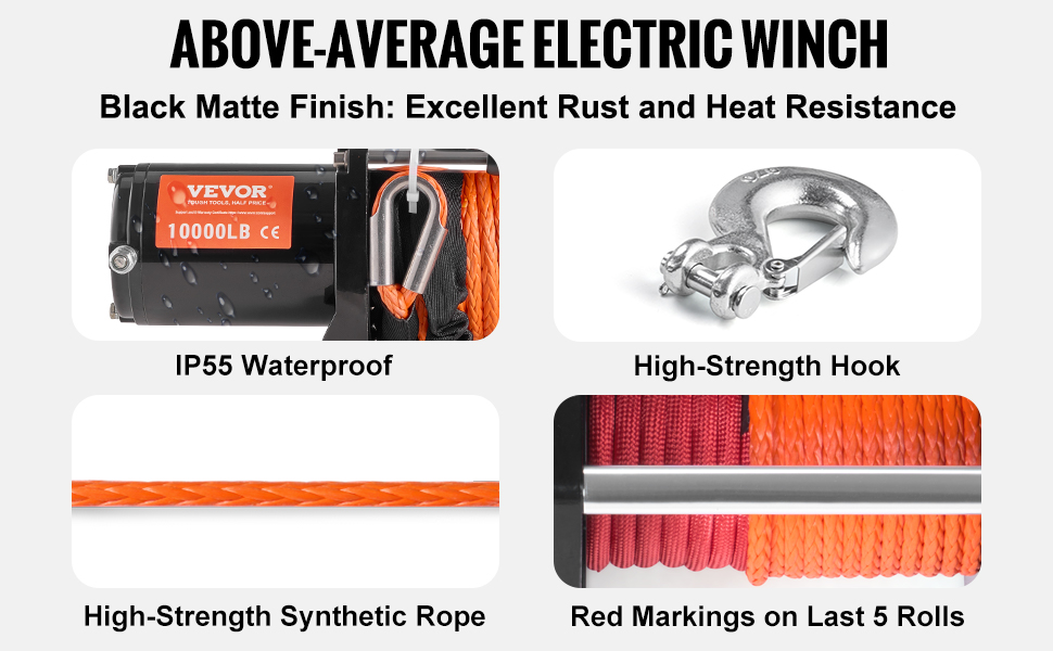 VEVOR Electric Winch Truck 10,000 lb Synthetic Rope Waterproof Remote ...