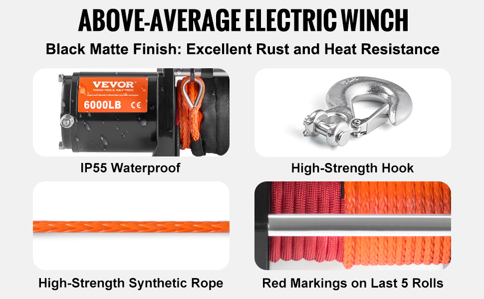 VEVOR Electric Winch for Truck 6000 lb Synthetic Rope Waterproof Remote ...