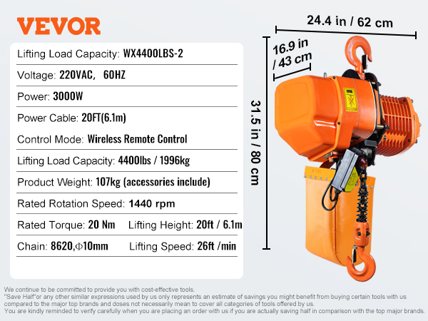 VEVOR 2 Ton Wireless Electric Chain Hoist, 4400 LBS Capacity with 20 FT ...